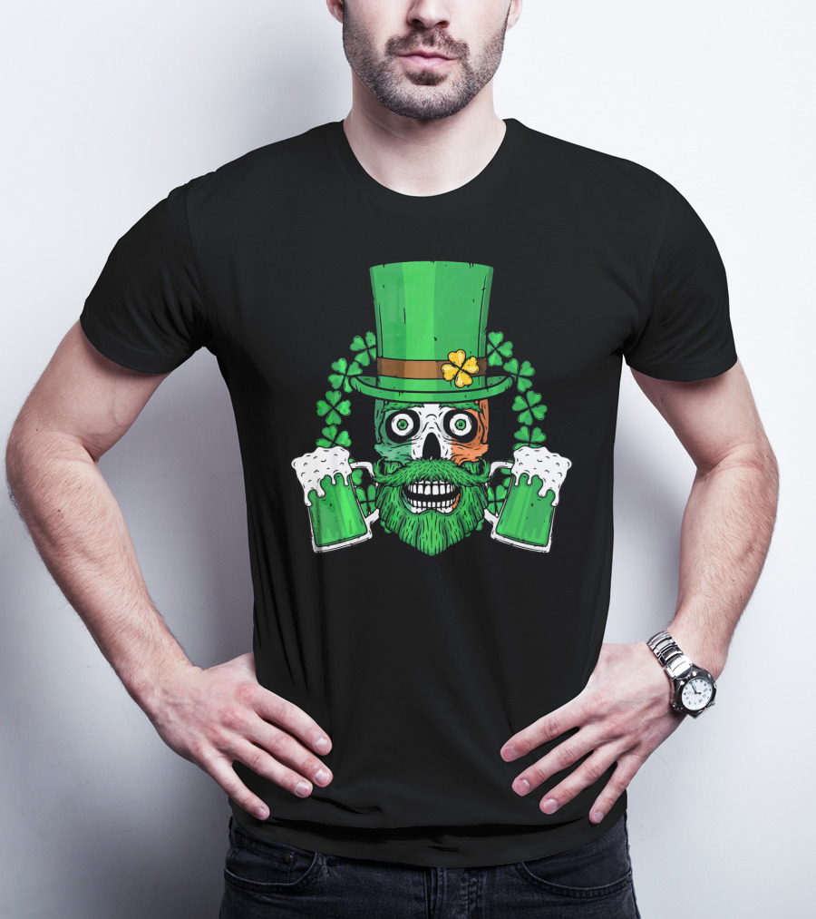 Irish Flag Leprechaun Skull With Shamrock And Beer Mugs T-Shirt