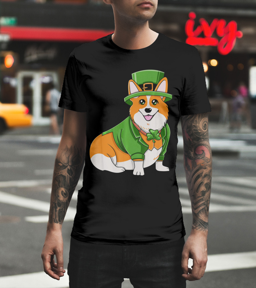 St Patricks Day Corgi Irish Dog In Leprechaun Hat And Green Suit T-Shirt