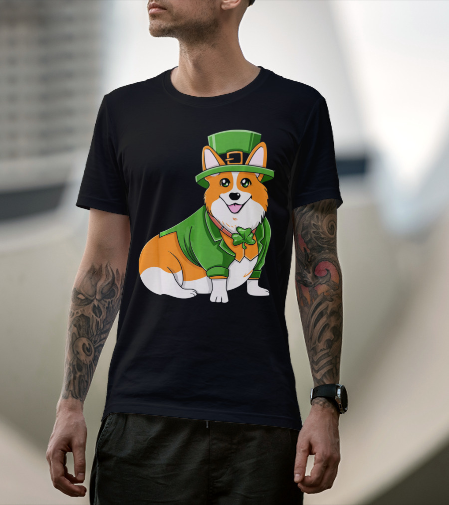 St Patricks Day Corgi Irish Dog In Leprechaun Hat And Green Suit T-Shirt