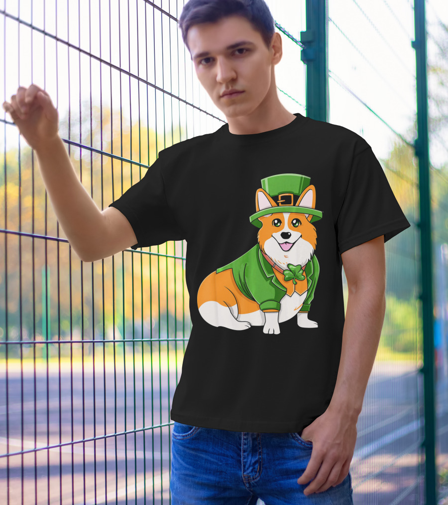 St Patricks Day Corgi Irish Dog In Leprechaun Hat And Green Suit T-Shirt