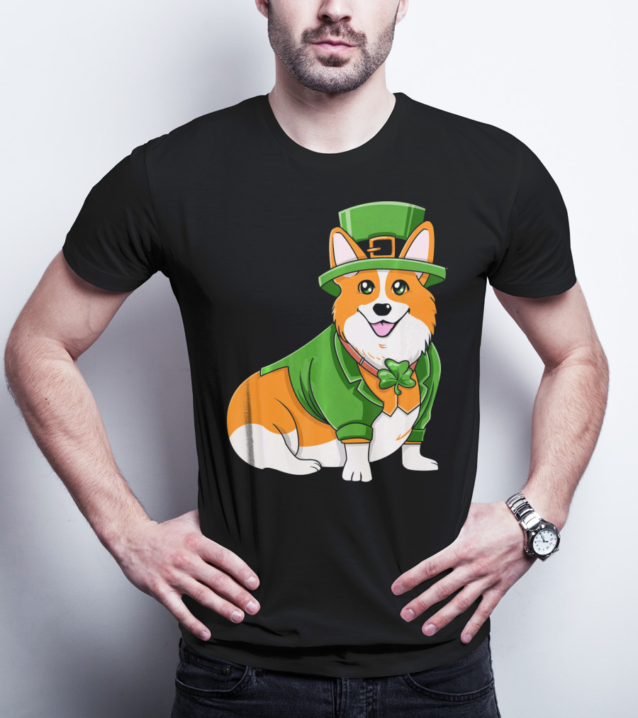 St Patricks Day Corgi Irish Dog In Leprechaun Hat And Green Suit T-Shirt
