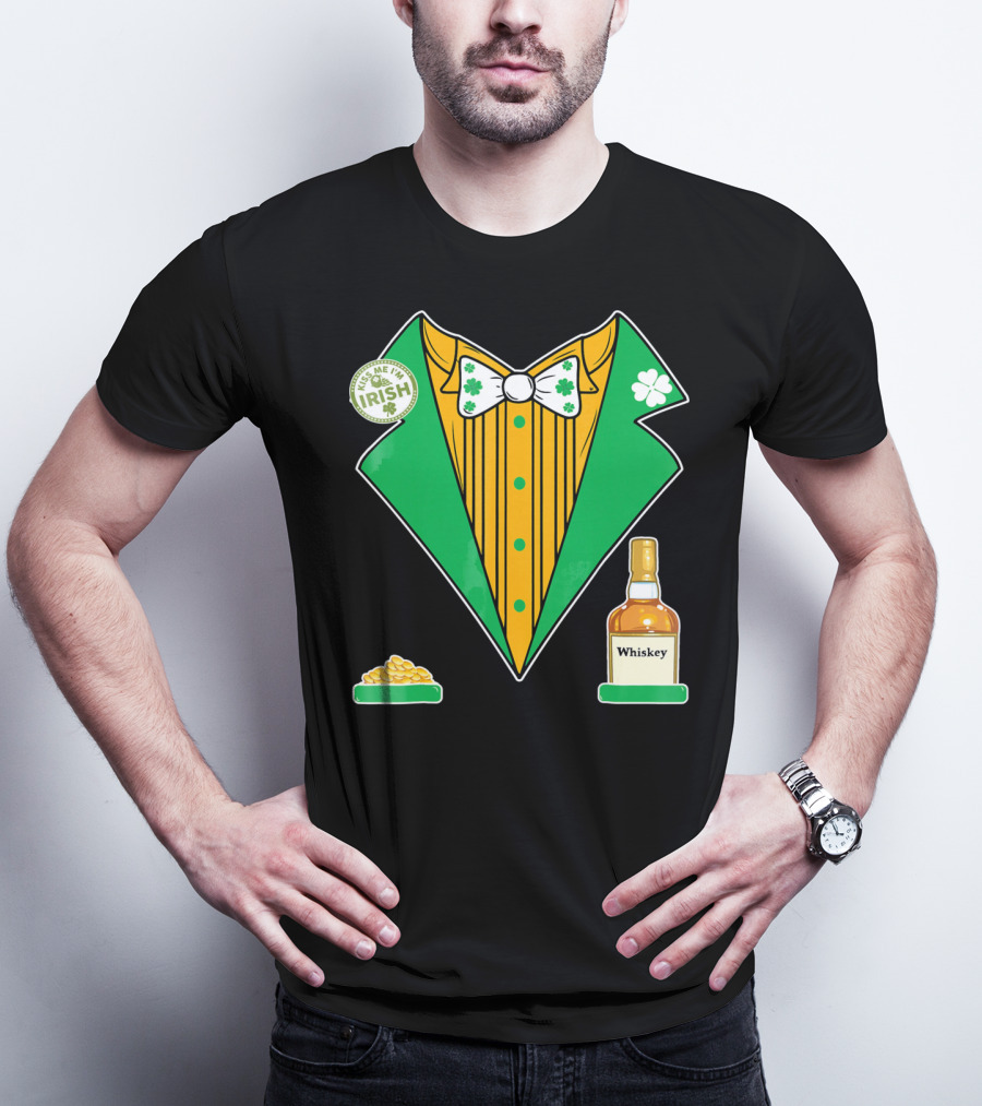 Kiss Me I'm Irish St. Patrick's Day Tux With Whiskey And Gold Coins T-Shirt