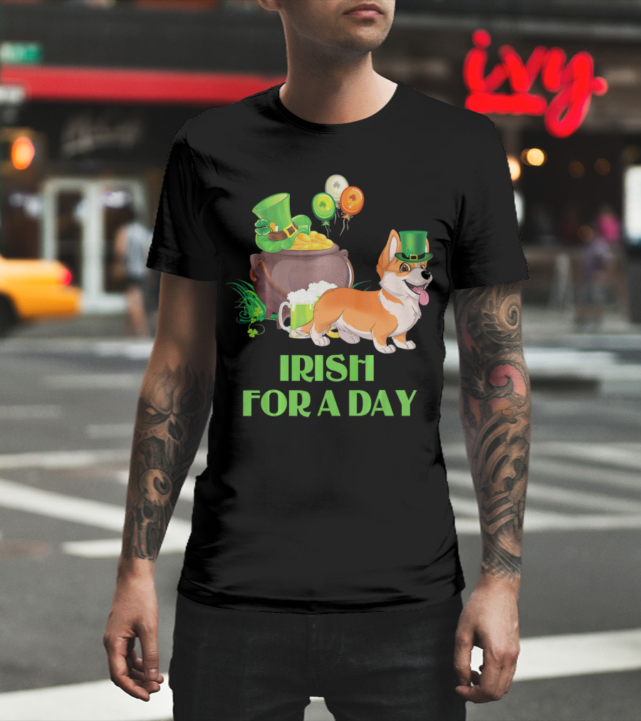 Irish For A Day Welsh Corgi Dog Leprechaun Pot Of Gold Balloons T-Shirt