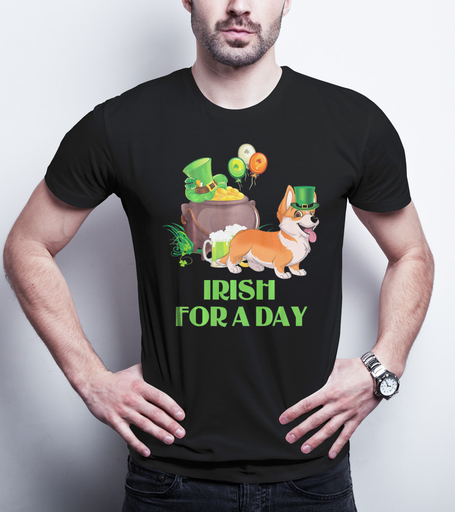 Irish For A Day Welsh Corgi Dog Leprechaun Pot Of Gold Balloons T-Shirt