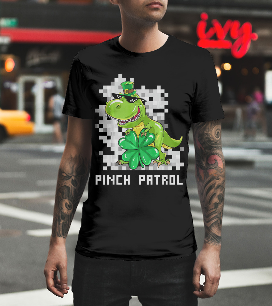 St Patrick Day Dinosaur Pinch Patrol Pixelated Clover And Hat T-Shirt