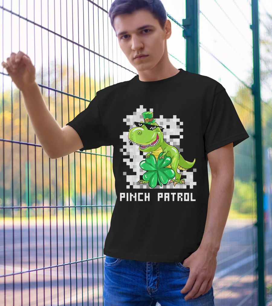 St Patrick Day Dinosaur Pinch Patrol Pixelated Clover And Hat T-Shirt