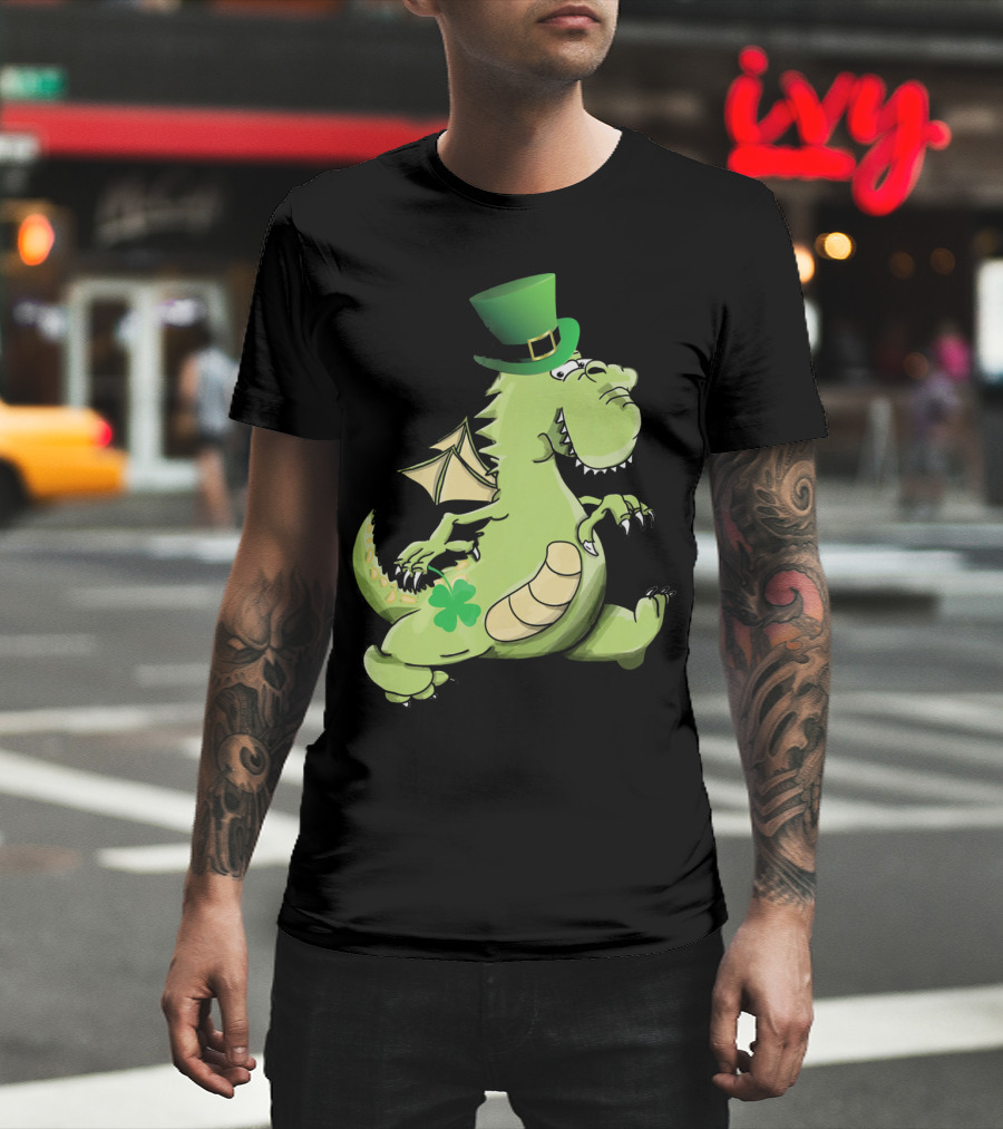 St Patrick's Day Dragon Wearing Leprechaun Hat With Shamrock T-Shirt