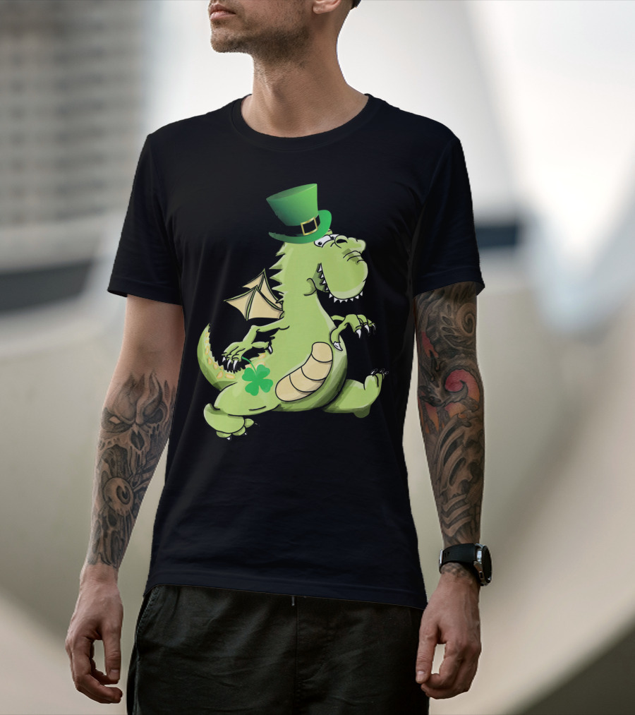 St Patrick's Day Dragon Wearing Leprechaun Hat With Shamrock T-Shirt
