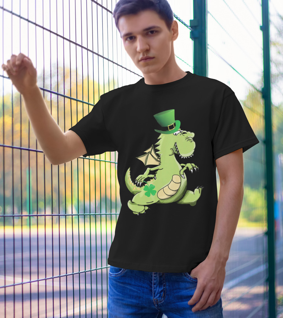 St Patrick's Day Dragon Wearing Leprechaun Hat With Shamrock T-Shirt