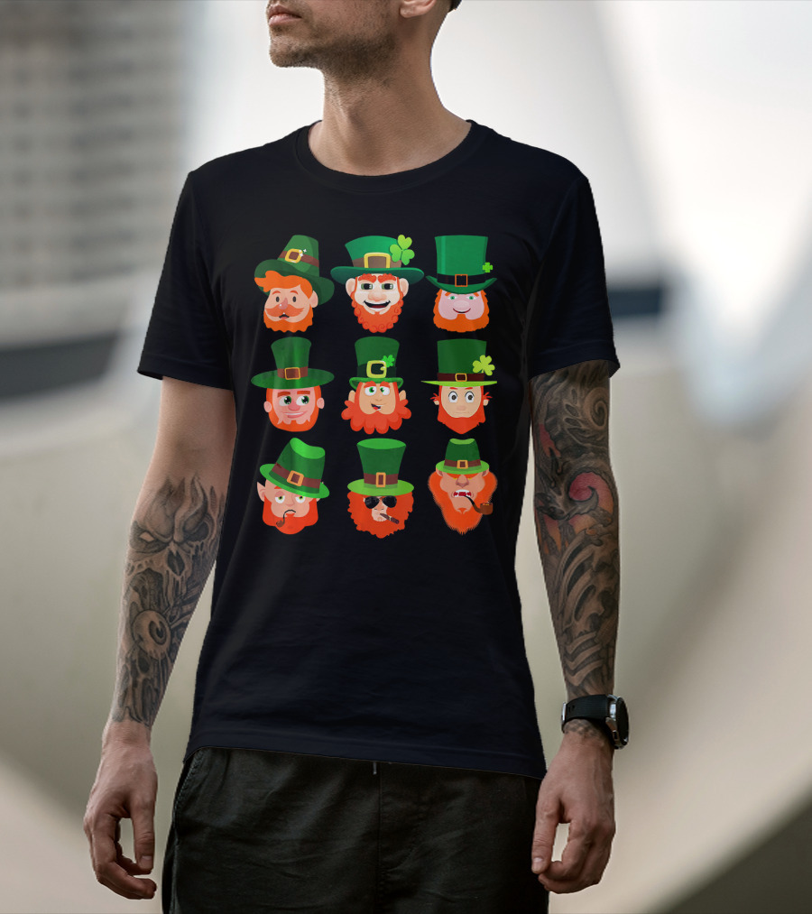 Funny Leprechaun Emotion Feeling Faces With Green Hats And Red Beards T-Shirt