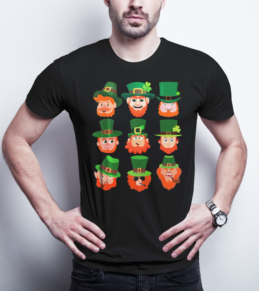 Funny Leprechaun Emotion Feeling Faces With Green Hats And Red Beards T-Shirt