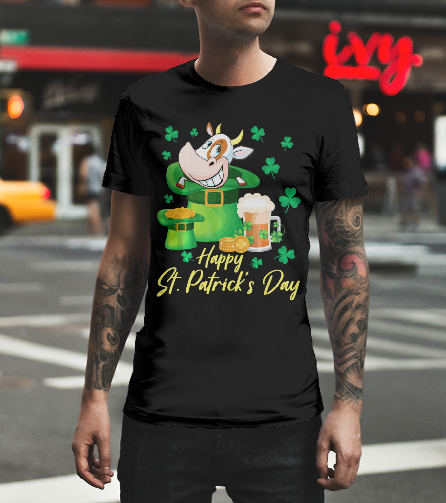 Happy St. Patrick's Day Cow Dancing In Leprechaun Hat With Gold Coins And Beer T-Shirt