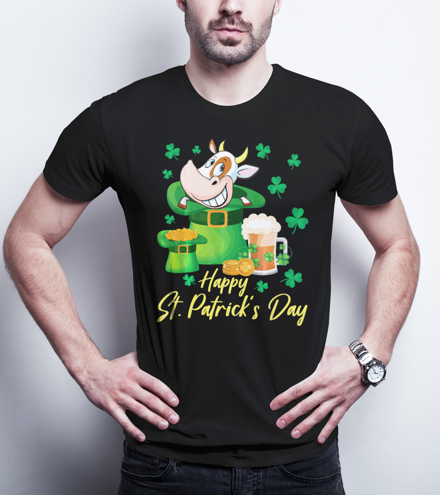 Happy St. Patrick's Day Cow Dancing In Leprechaun Hat With Gold Coins And Beer T-Shirt