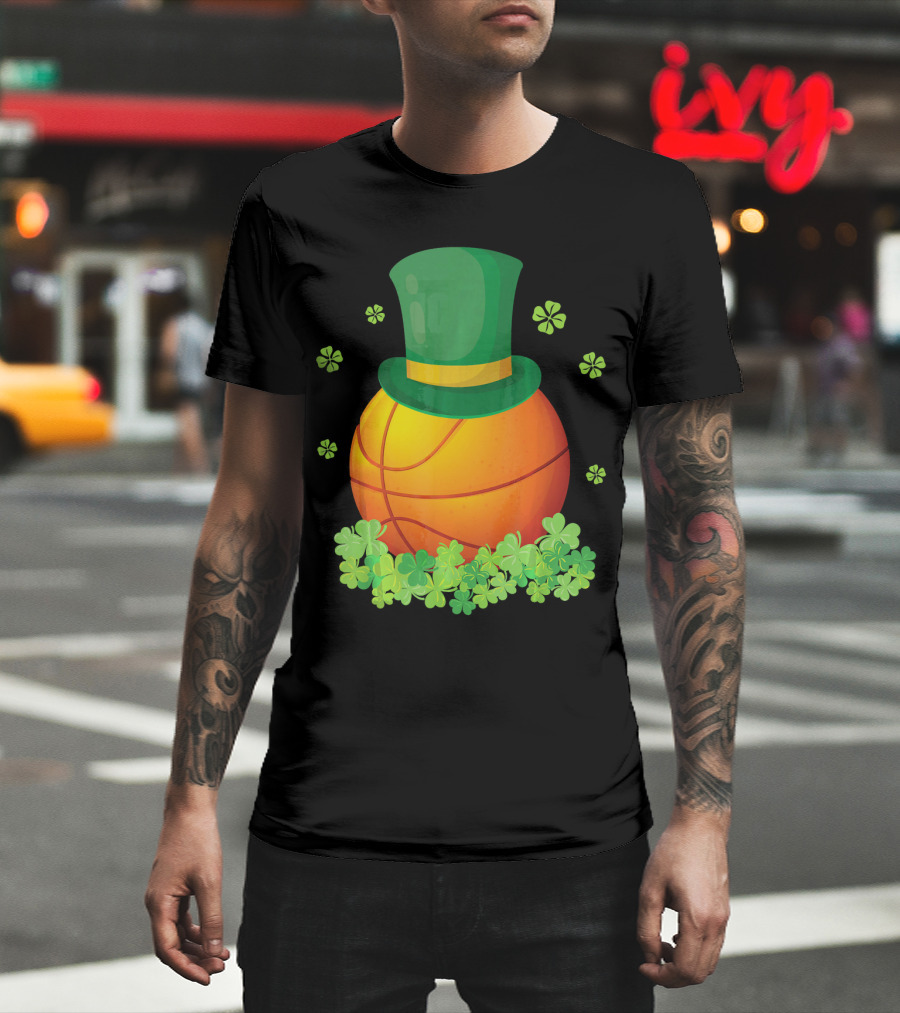 Basketball With Leprechaun Hat And Shamrocks Playing Around T-Shirt