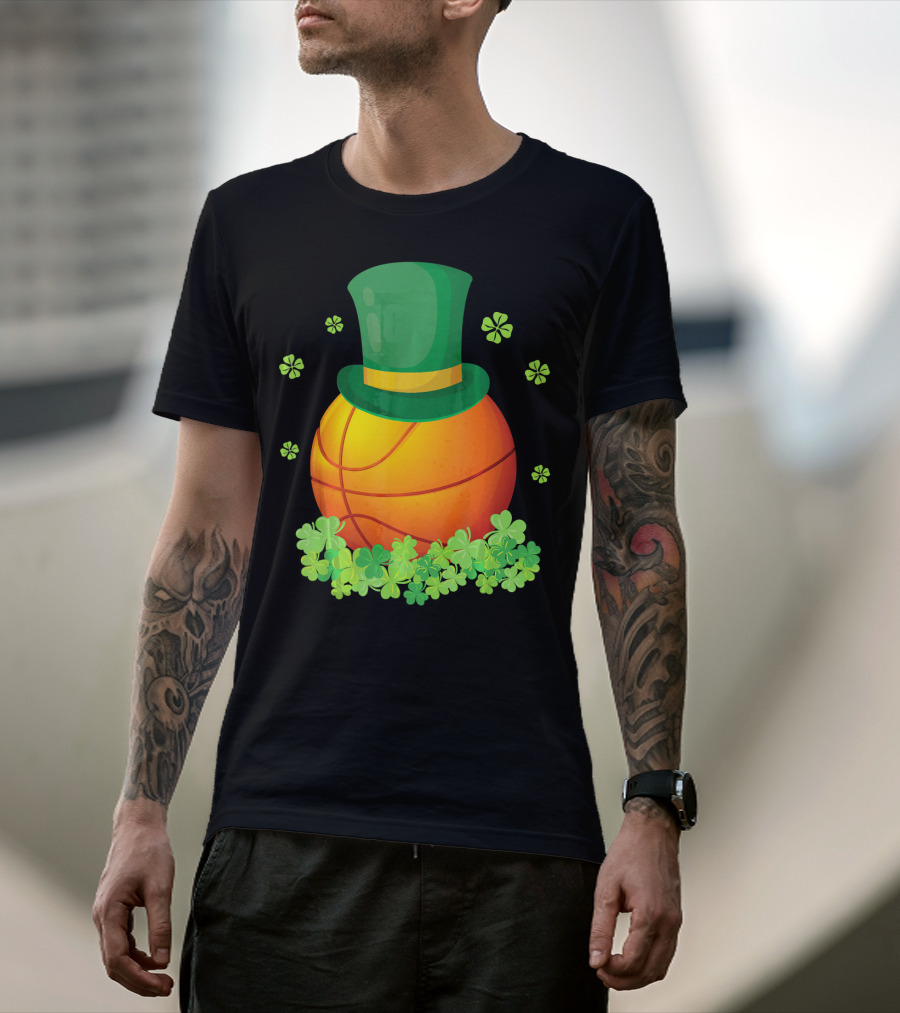 Basketball With Leprechaun Hat And Shamrocks Playing Around T-Shirt
