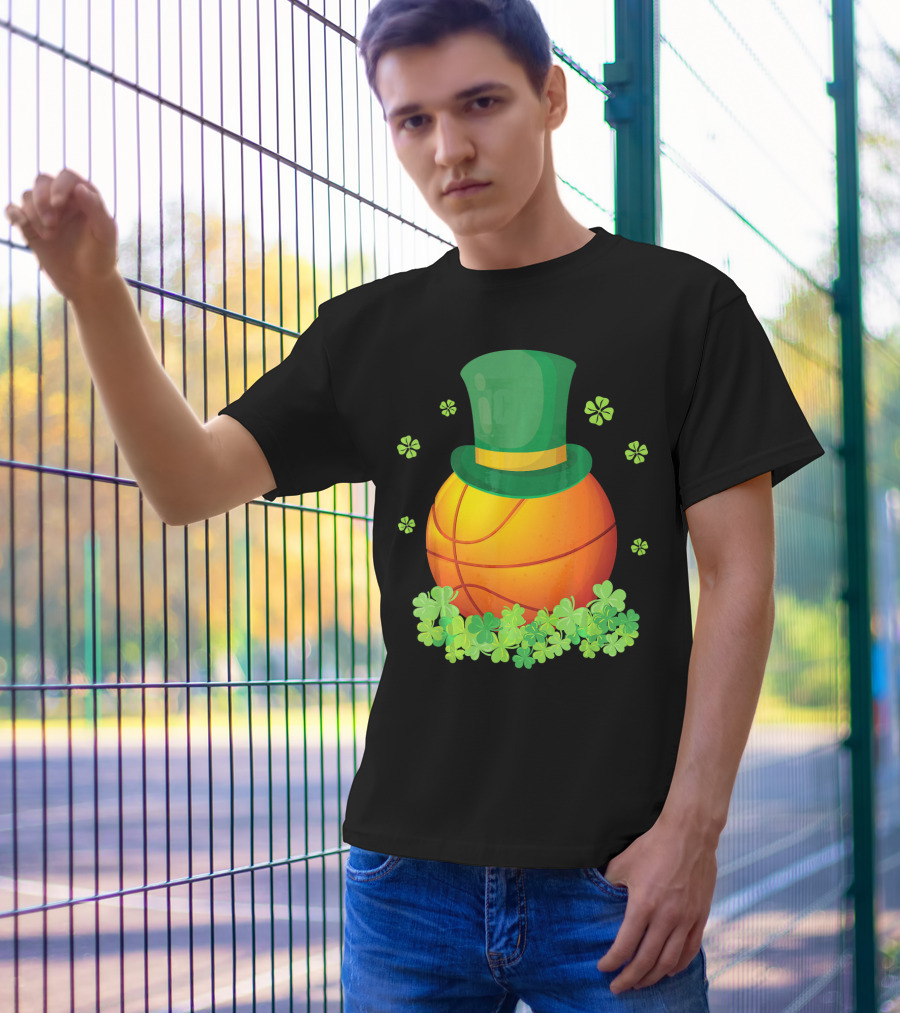 Basketball With Leprechaun Hat And Shamrocks Playing Around T-Shirt