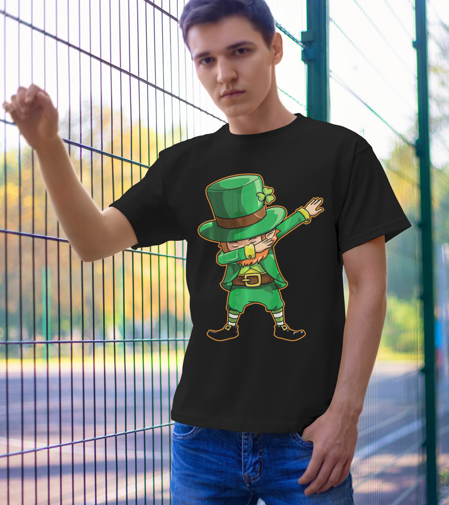 Funny Leprechaun Dabbing Dance Icon In Green Outfit And Hat T-Shirt