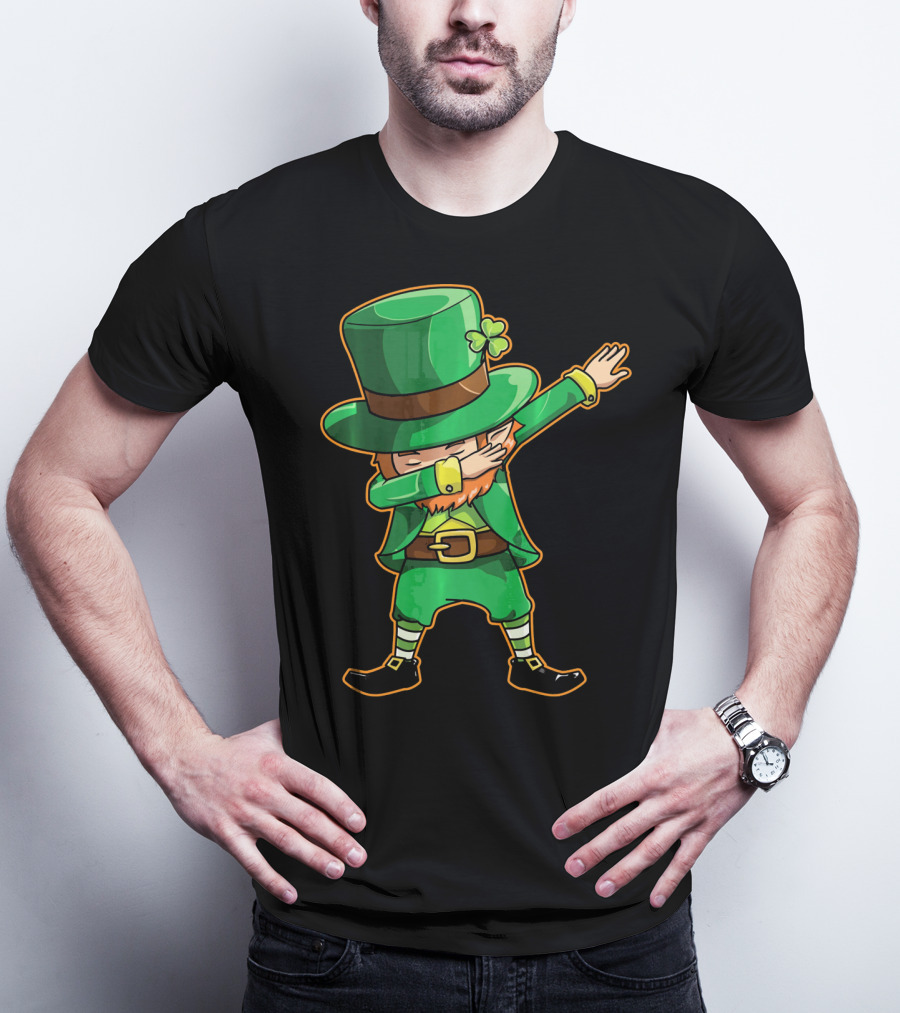 Funny Leprechaun Dabbing Dance Icon In Green Outfit And Hat T-Shirt