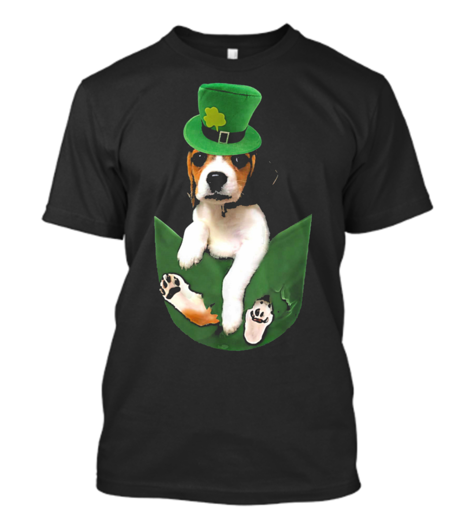 Beagle In Green Pocket With St Patrick's Hat And Shamrock T-Shirt