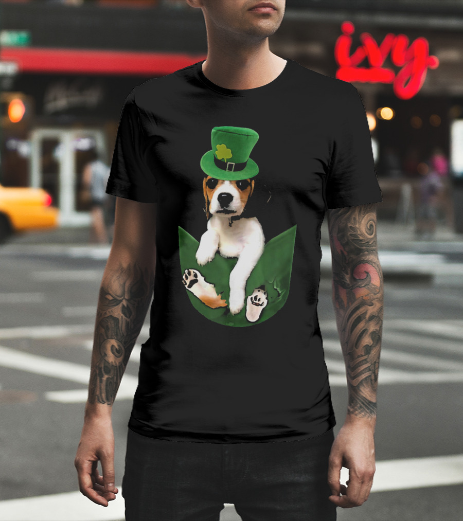 Beagle In Green Pocket With St Patrick's Hat And Shamrock T-Shirt