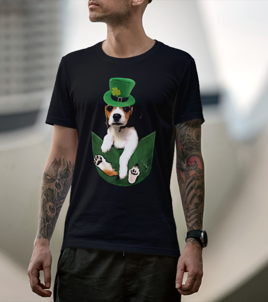 Beagle In Green Pocket With St Patrick's Hat And Shamrock T-Shirt