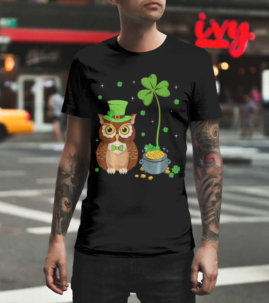 Shamrock Leprechaun Owl Pot Of Gold T-Shirt