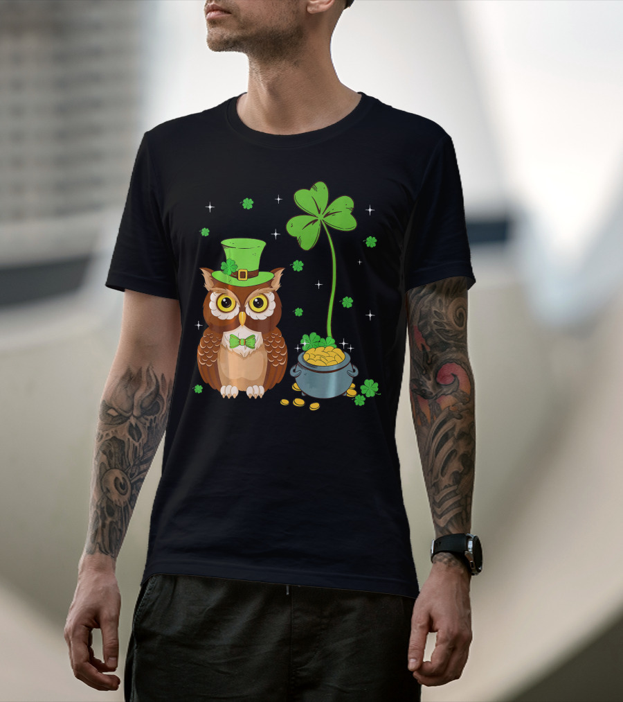 Shamrock Leprechaun Owl Pot Of Gold T-Shirt