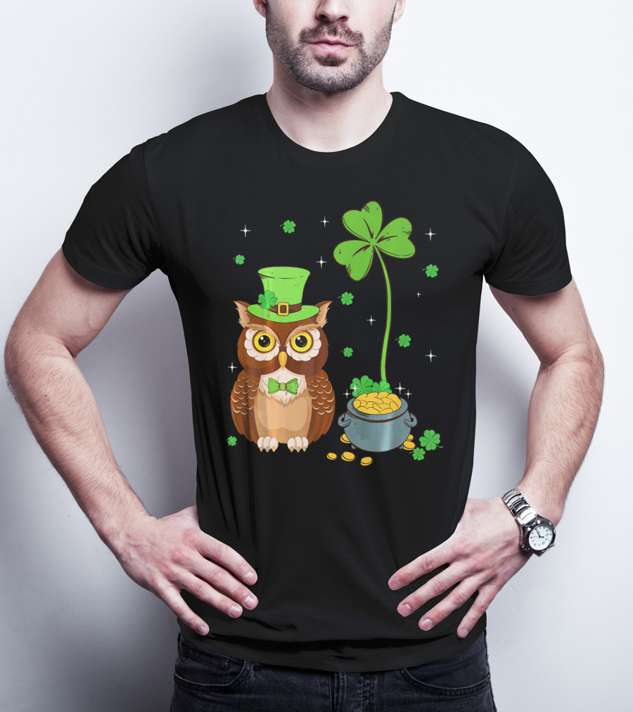 Shamrock Leprechaun Owl Pot Of Gold T-Shirt