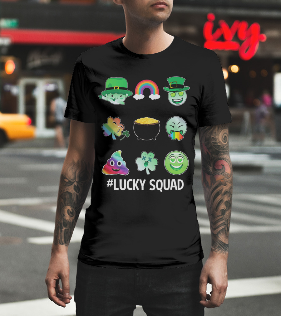 Lucky Squad St. Patricks Day Emoji Rainbow Clover Pot Of Gold T-Shirt