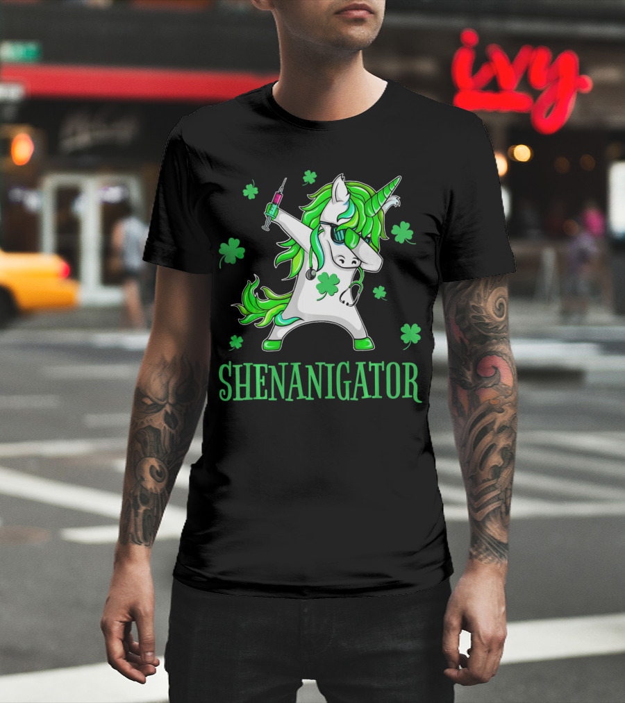 Unicorn Dabbing Shenanigator With Shamrocks And Syringe T-Shirt