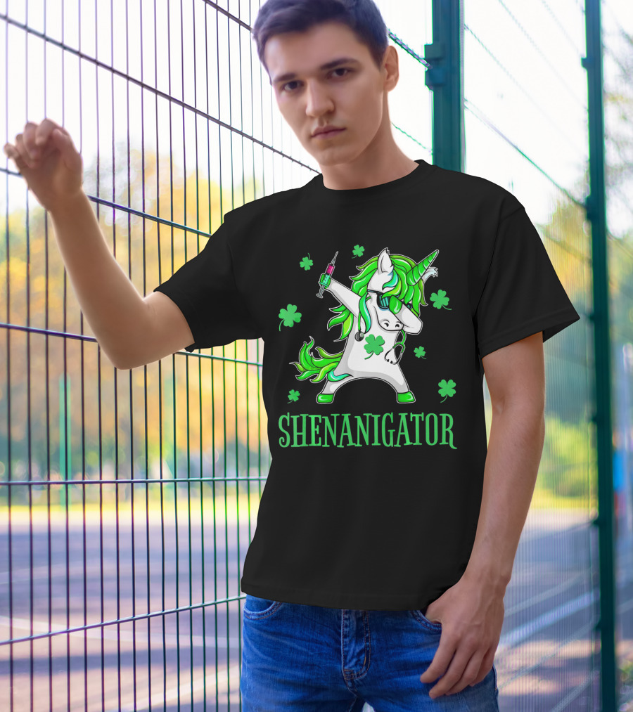Unicorn Dabbing Shenanigator With Shamrocks And Syringe T-Shirt