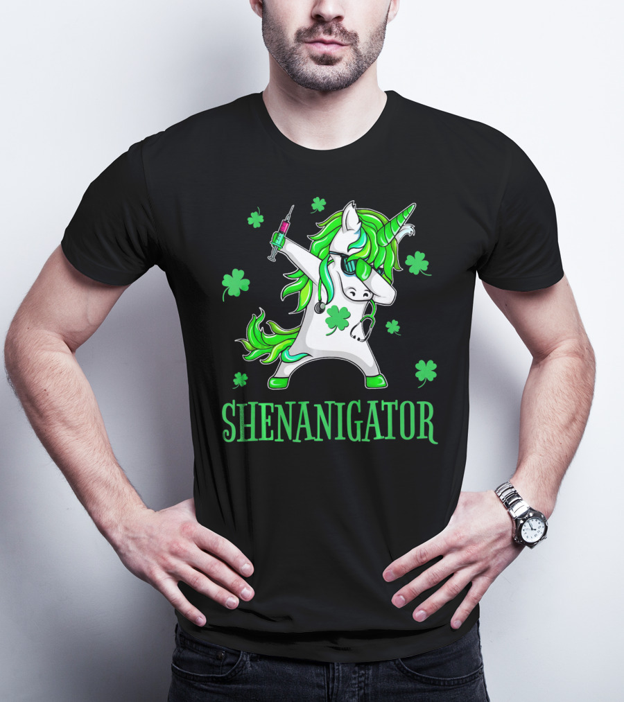 Unicorn Dabbing Shenanigator With Shamrocks And Syringe T-Shirt