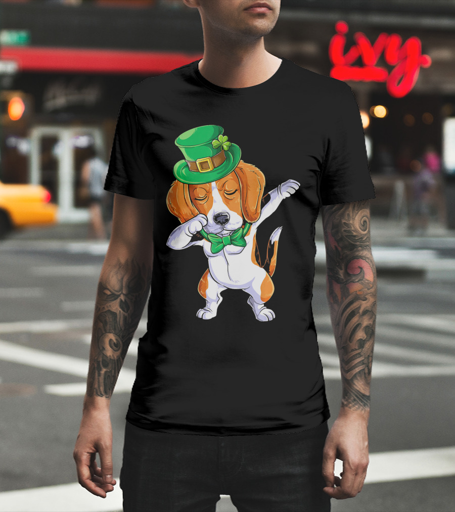 Dabbing Beagle St Patricks Day Boys Leprechaun Hat Bow Tie Shamrock T-Shirt