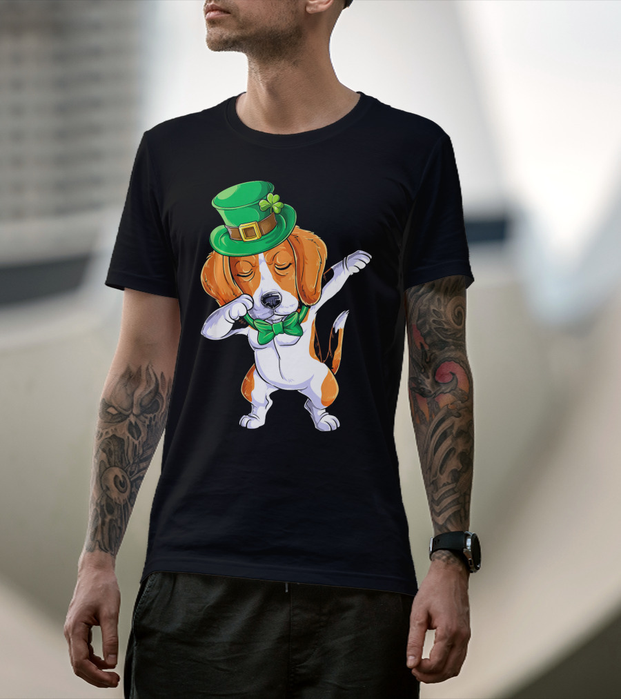 Dabbing Beagle St Patricks Day Boys Leprechaun Hat Bow Tie Shamrock T-Shirt