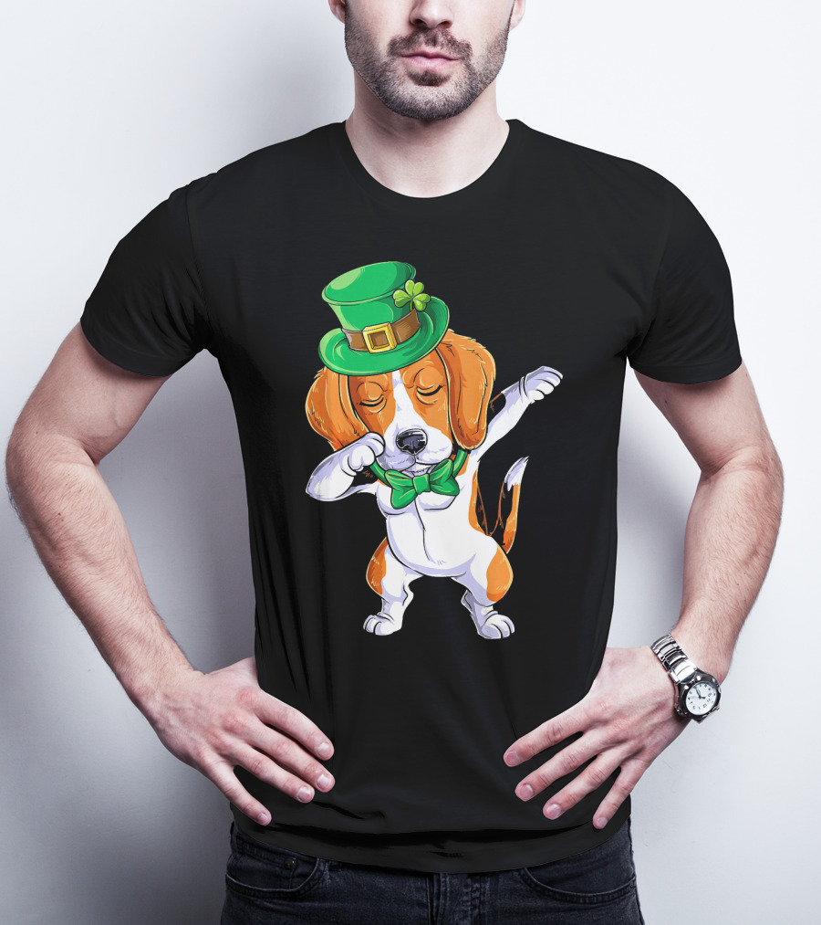 Dabbing Beagle St Patricks Day Boys Leprechaun Hat Bow Tie Shamrock T-Shirt