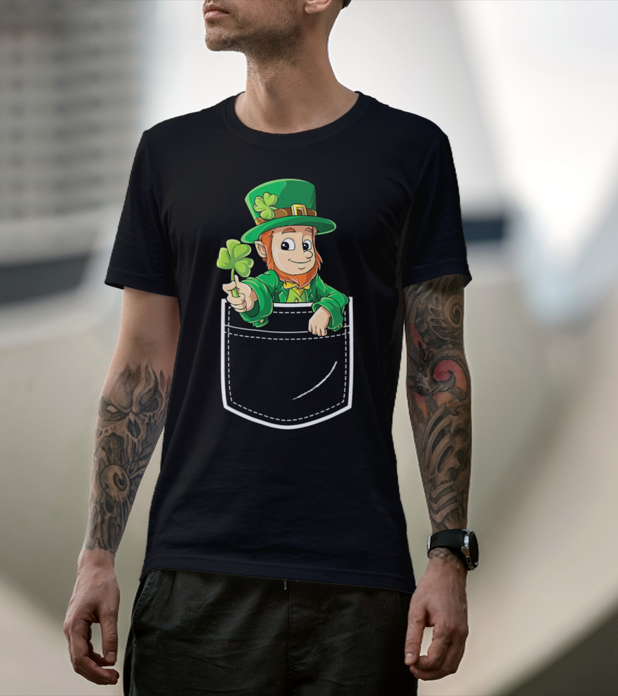 Leprechaun Holding Shamrock In Pocket For St Patricks Day T-Shirt