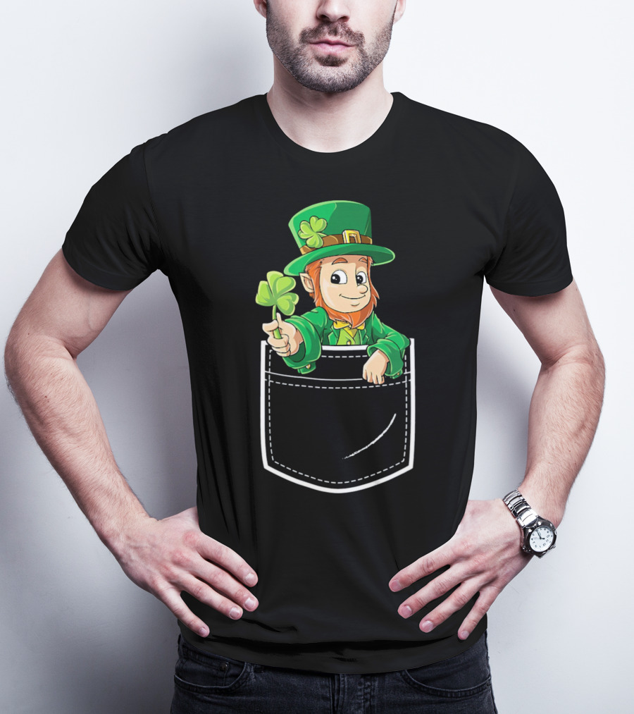Leprechaun Holding Shamrock In Pocket For St Patricks Day T-Shirt
