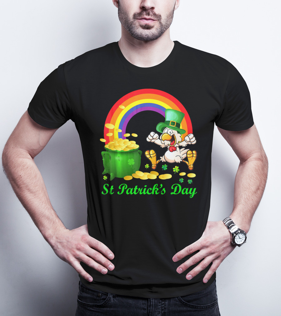 St Patrick's Day Chicken Leprechaun With Pot Of Gold And Rainbow T-Shirt