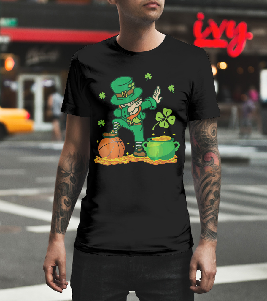 Leprechaun Dab With Basketball And Pot Of Gold Filled With Coins And Shamrocks T-Shirt