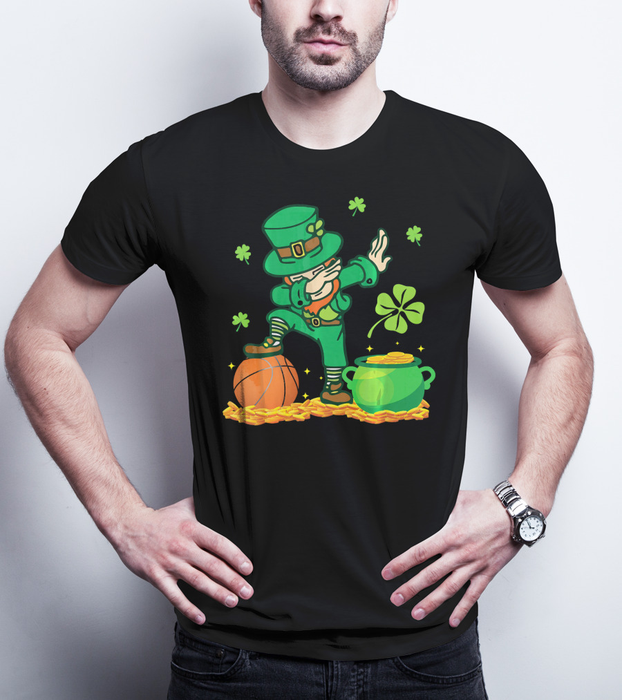 Leprechaun Dab With Basketball And Pot Of Gold Filled With Coins And Shamrocks T-Shirt