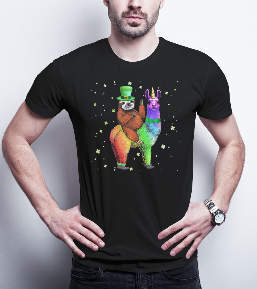 St. Patrick's Day Sloth With Green Hat On Rainbow Unicorn Llama T-Shirt