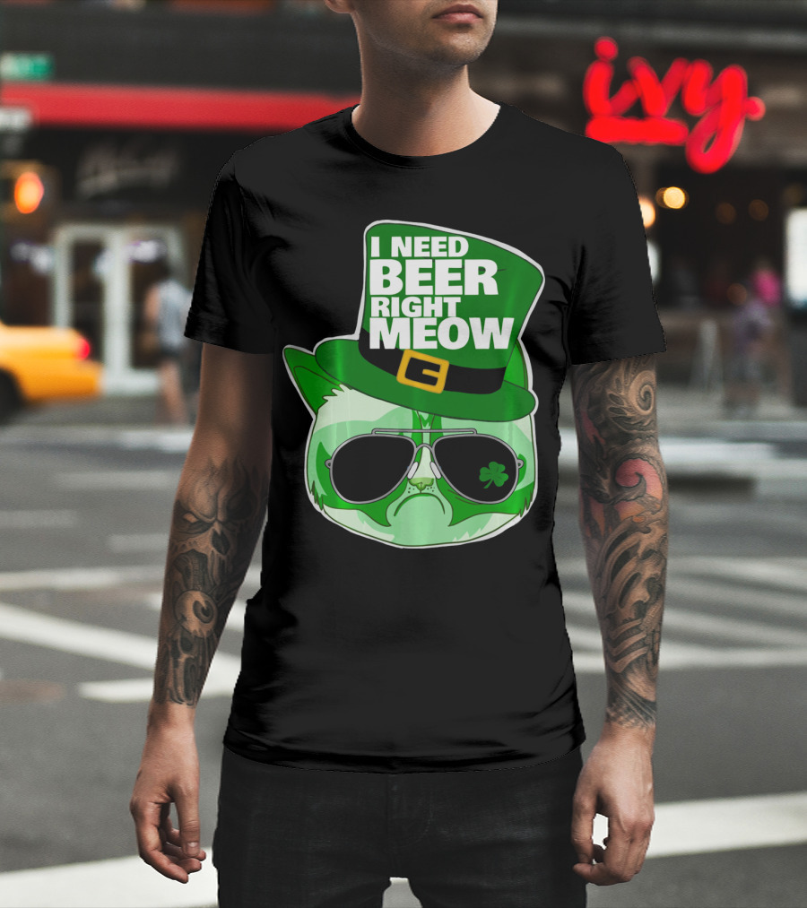 I Need Beer Right Meow Funny St Patricks Day Cat With Green Leprechaun Hat And Sunglasses T-Shirt