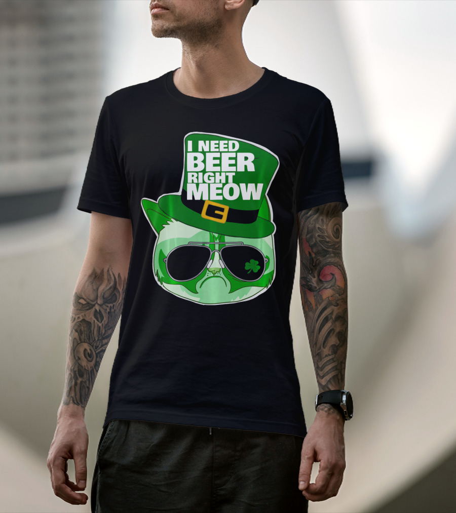 I Need Beer Right Meow Funny St Patricks Day Cat With Green Leprechaun Hat And Sunglasses T-Shirt