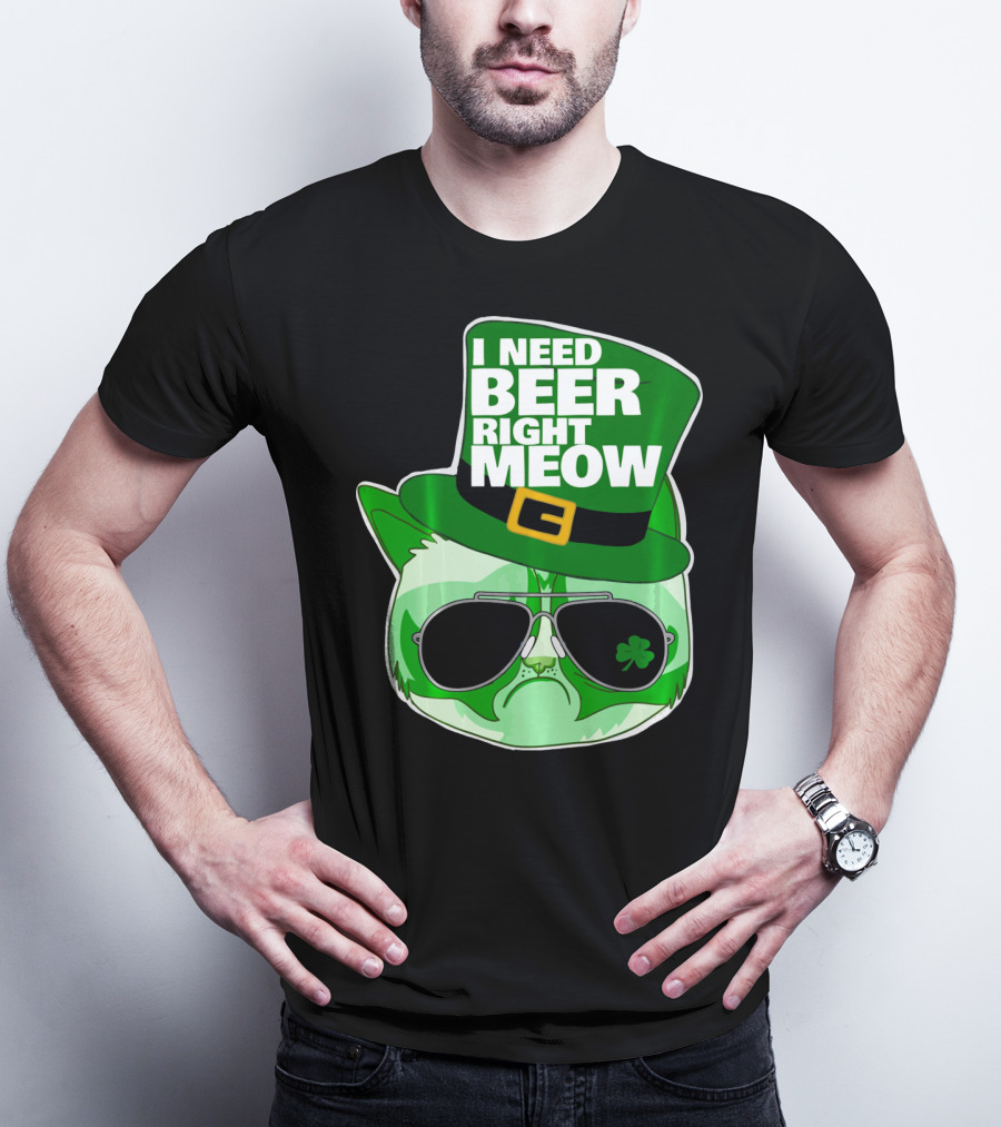 I Need Beer Right Meow Funny St Patricks Day Cat With Green Leprechaun Hat And Sunglasses T-Shirt