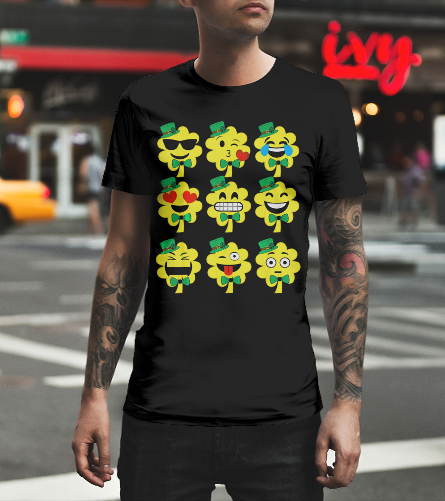 St Patricks Day Kids Emoji Shamrock Faces With Top Hats And Bowties T-Shirt