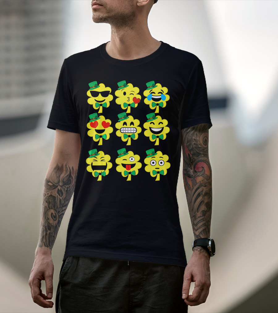 St Patricks Day Kids Emoji Shamrock Faces With Top Hats And Bowties T-Shirt