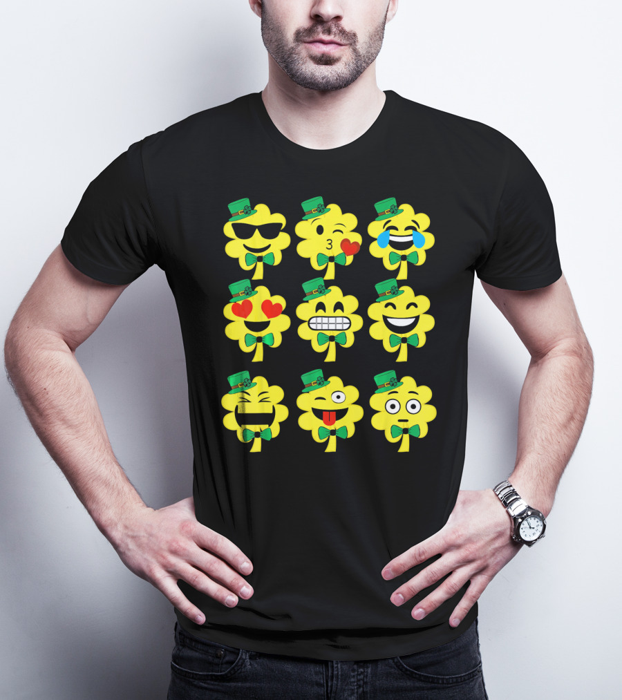 St Patricks Day Kids Emoji Shamrock Faces With Top Hats And Bowties T-Shirt