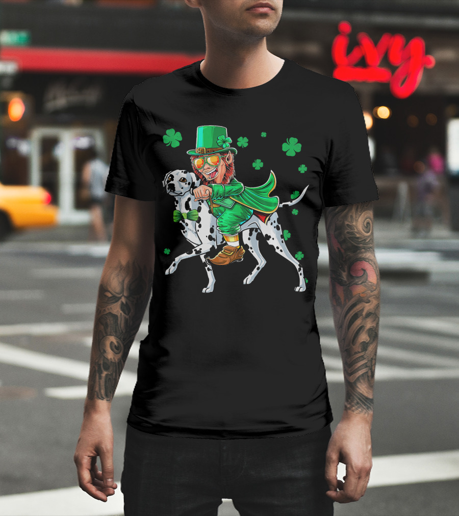 Leprechaun Riding Dalmatian With Shamrocks St. Patrick's Day T-Shirt