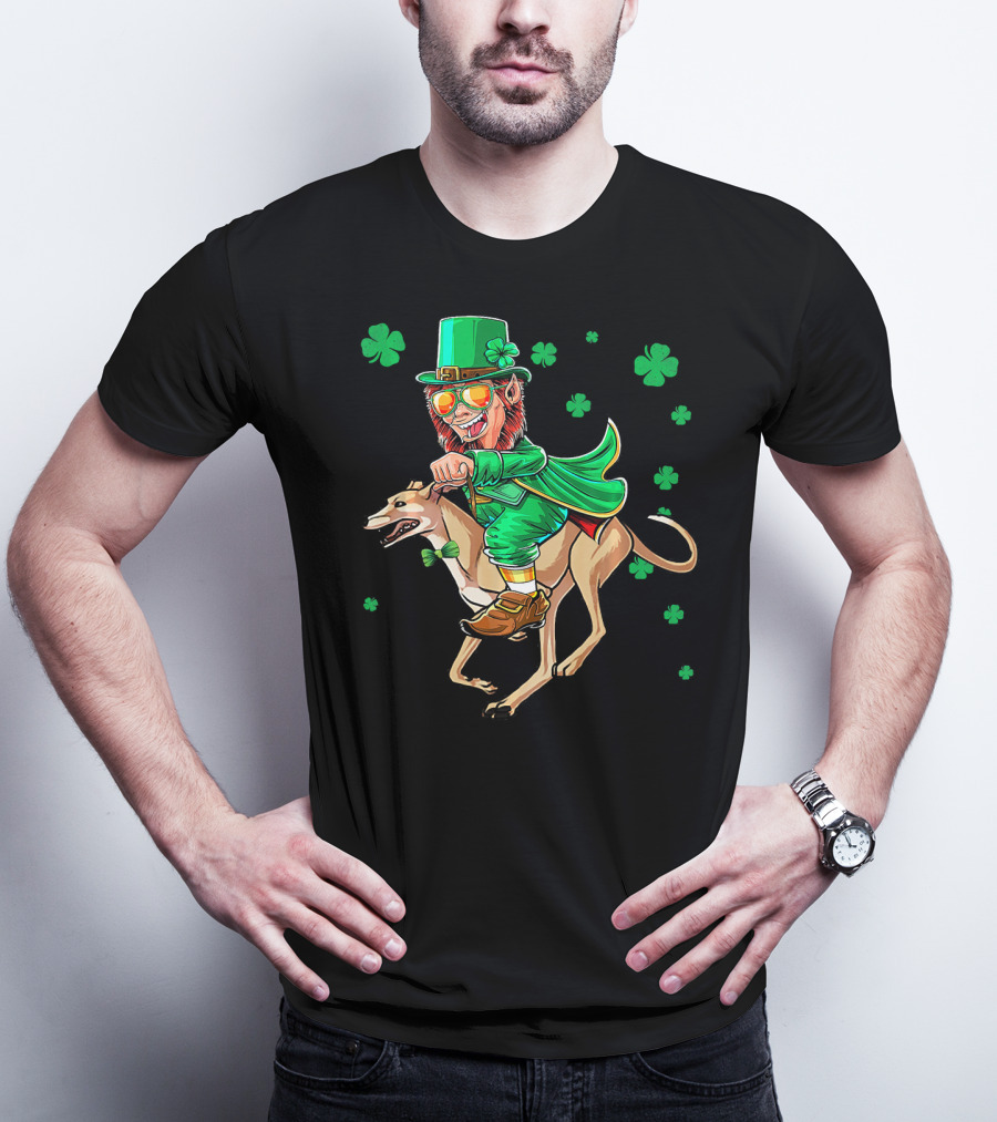 Leprechaun Riding Greyhound With Shamrocks St. Patrick's Day T-Shirt
