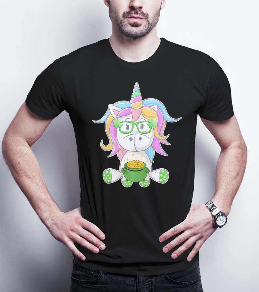 Unicorn Face Saint Patricks Day Shamrock Glasses Pot Of Gold T-Shirt